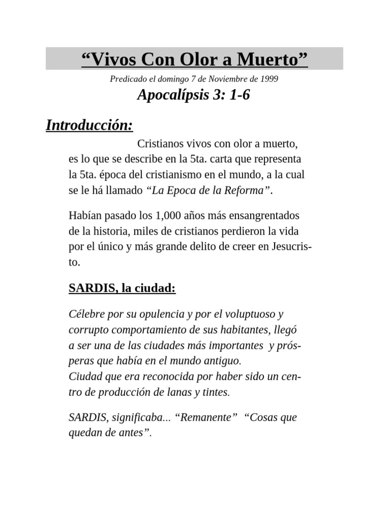 Vivos con Olor a Muerto: La Crisis de Sardis | PDF | Fe | Creencia y ...