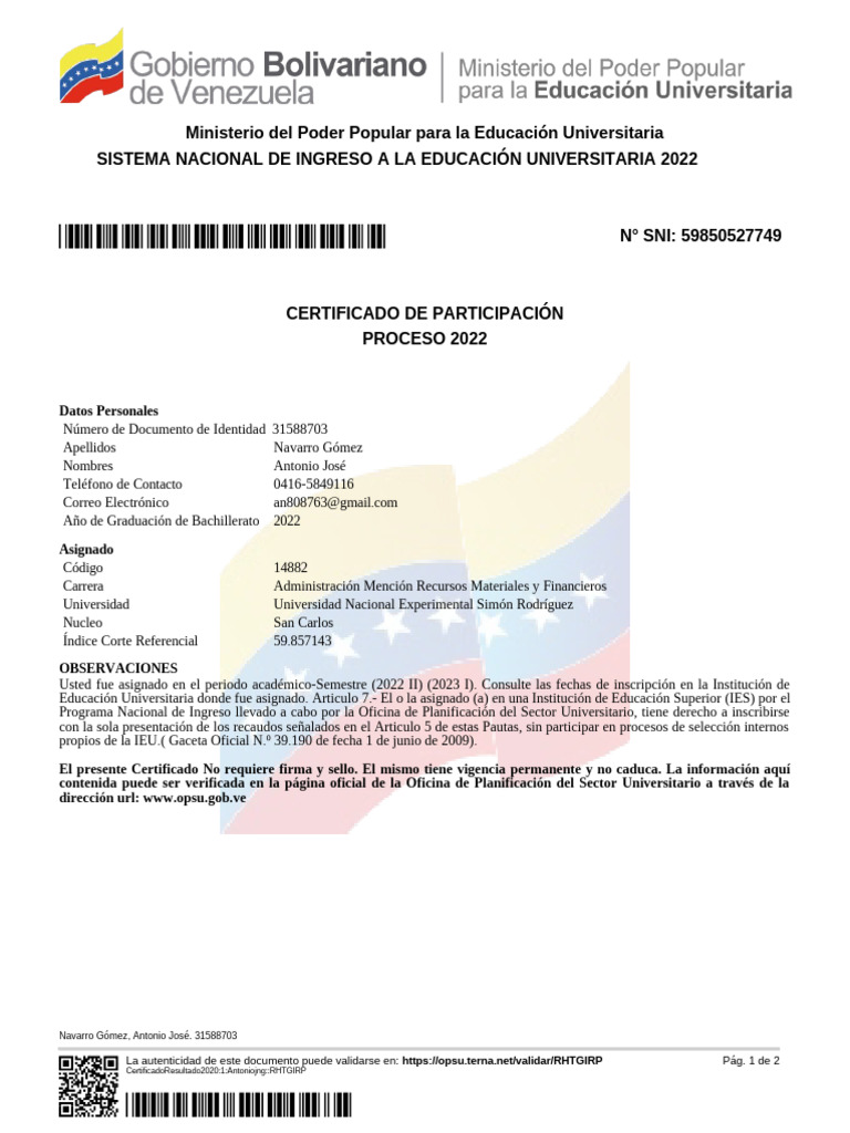 Certificado Cnu-Opsu 2 | PDF