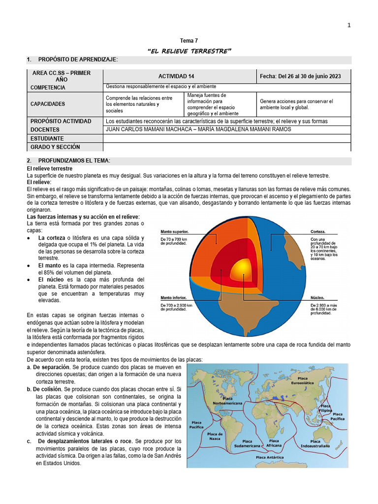 Ficha de Actividad Grupal - Tema 7 - EL RELIEVE TERRESTRE | PDF | Placas tectónicas | Viajes y ...