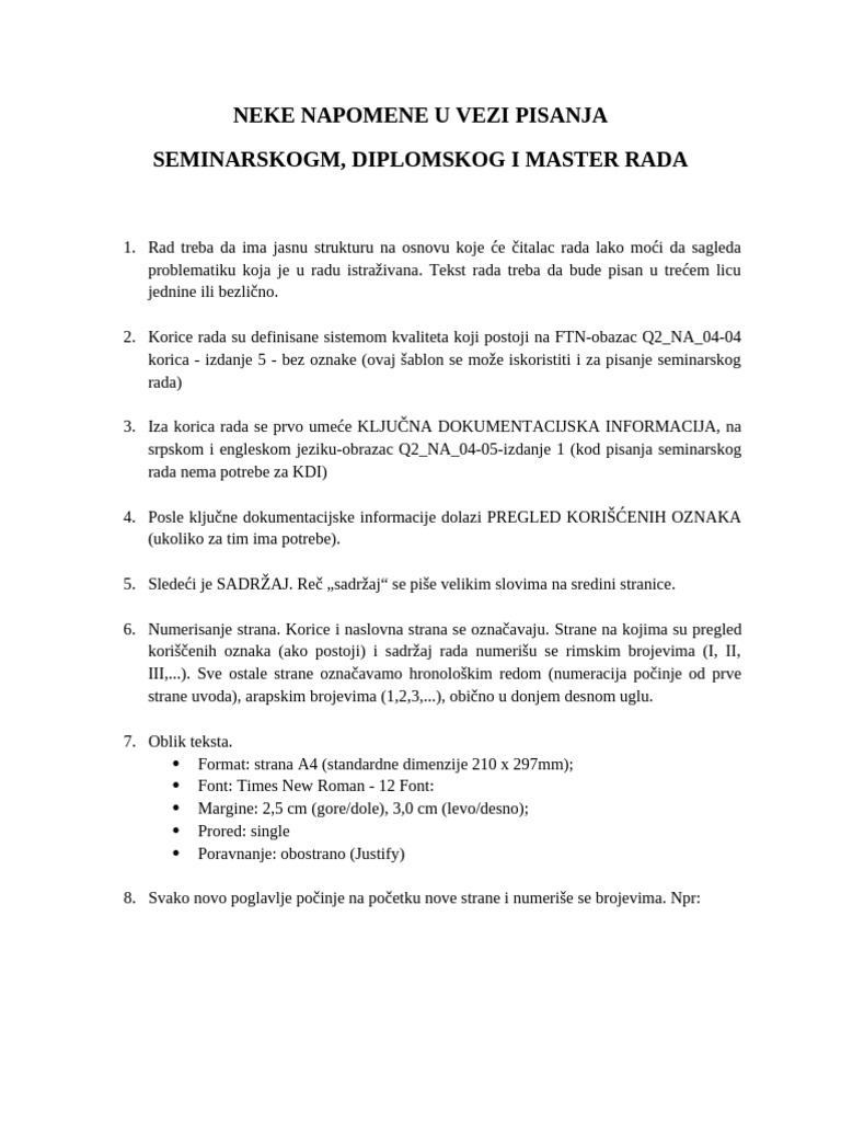 Uputstvo Za Pisanje Seminarskog, Diplomskog, Master Rada | PDF