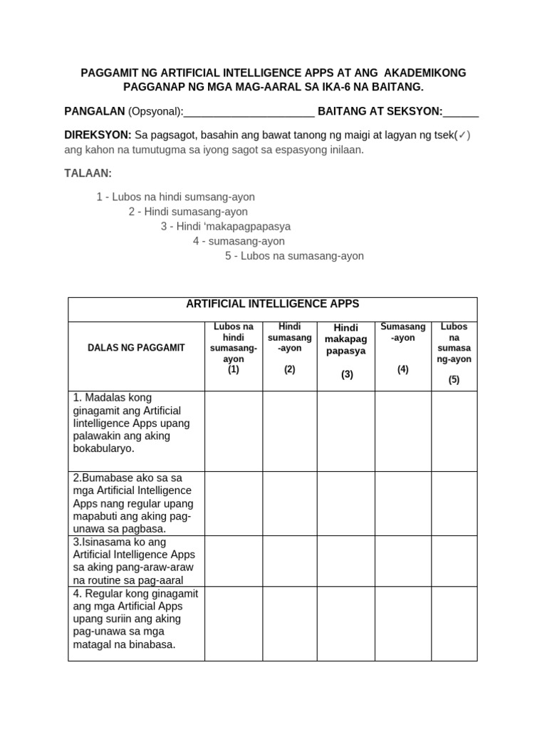 Paggamit NG Artificial Intelligence Apps at Ang Akademikong Pagganap NG Mga Mag | PDF