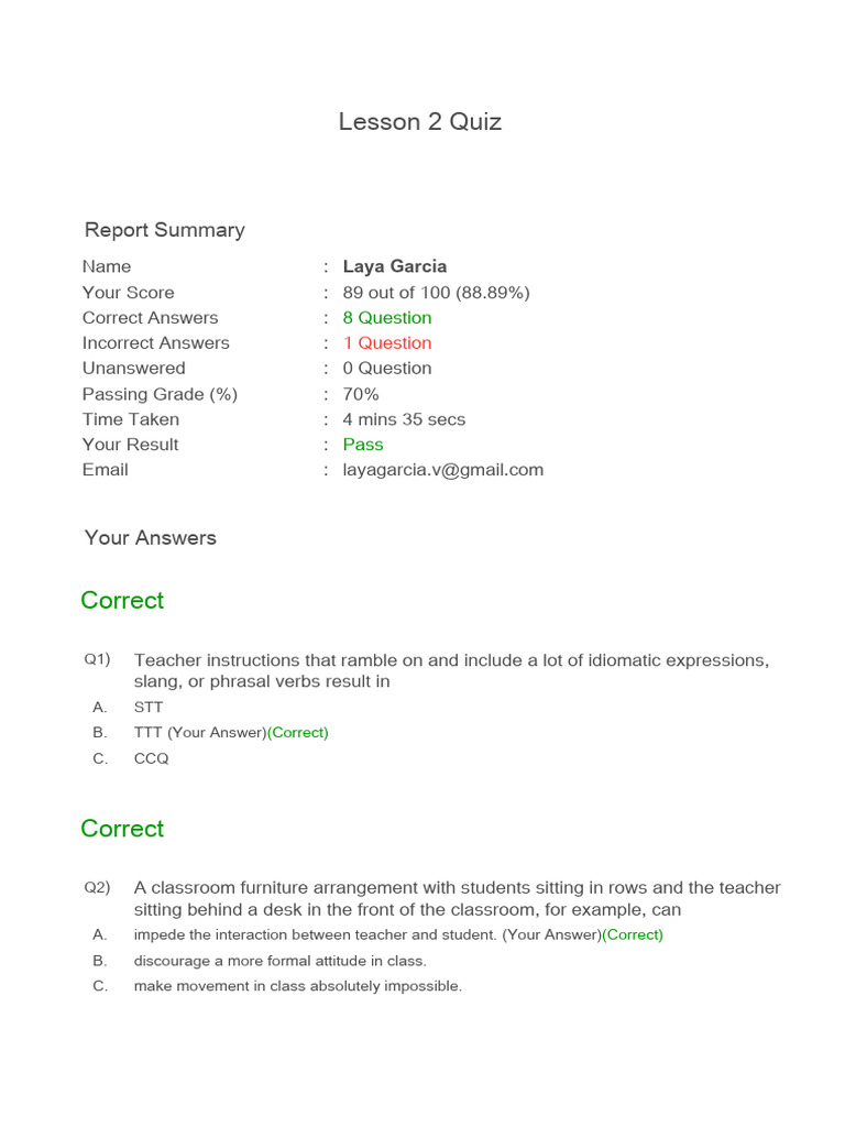 Laya Garcia-259011686-Lesson 2 Quiz | PDF | Classroom | Behavior Modification