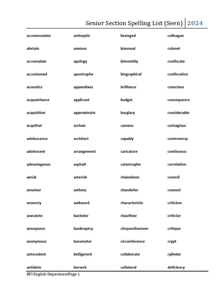 Senior List 2024 Spelling List | PDF