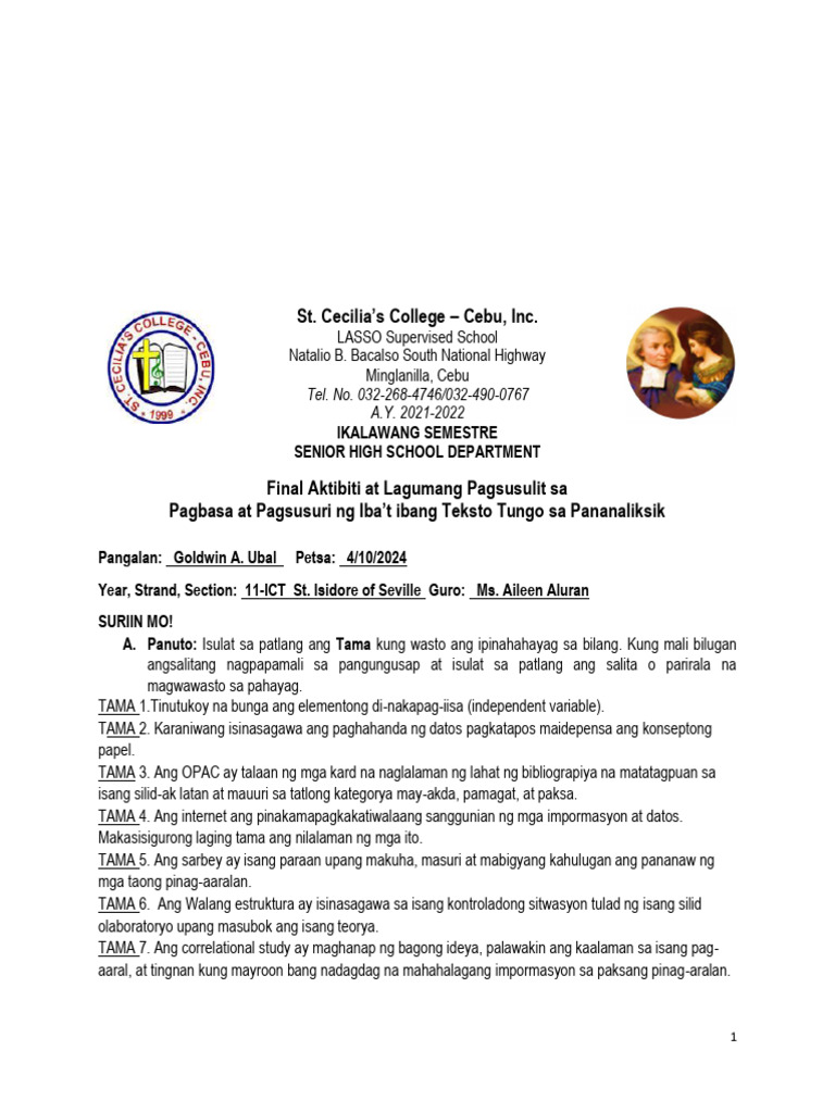 Pagbasa at Pagsusuri Final Module Activities 1 | PDF