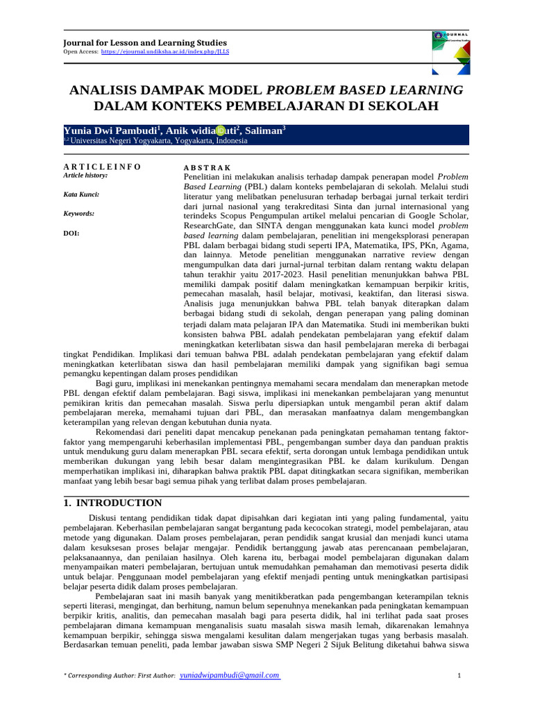 REVISI 3 - Yunia Dwi Pambudi - Analisis Dampak Model Problem Based Learning Dalam Konteks ...