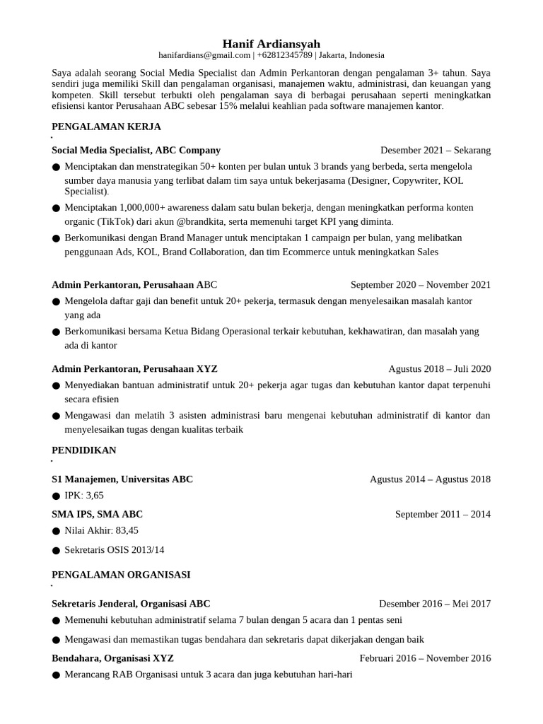 Template CV ATS by Hanif Ardians | PDF