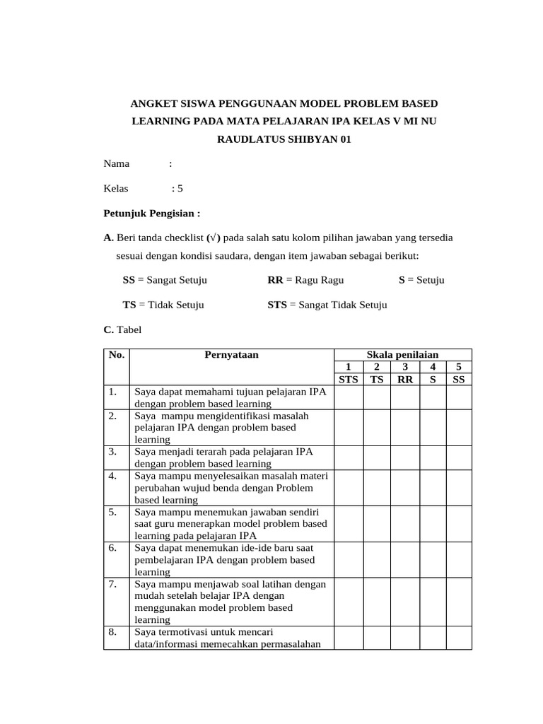 Angket Siswa Penggunaan Model PBL Ipa | PDF