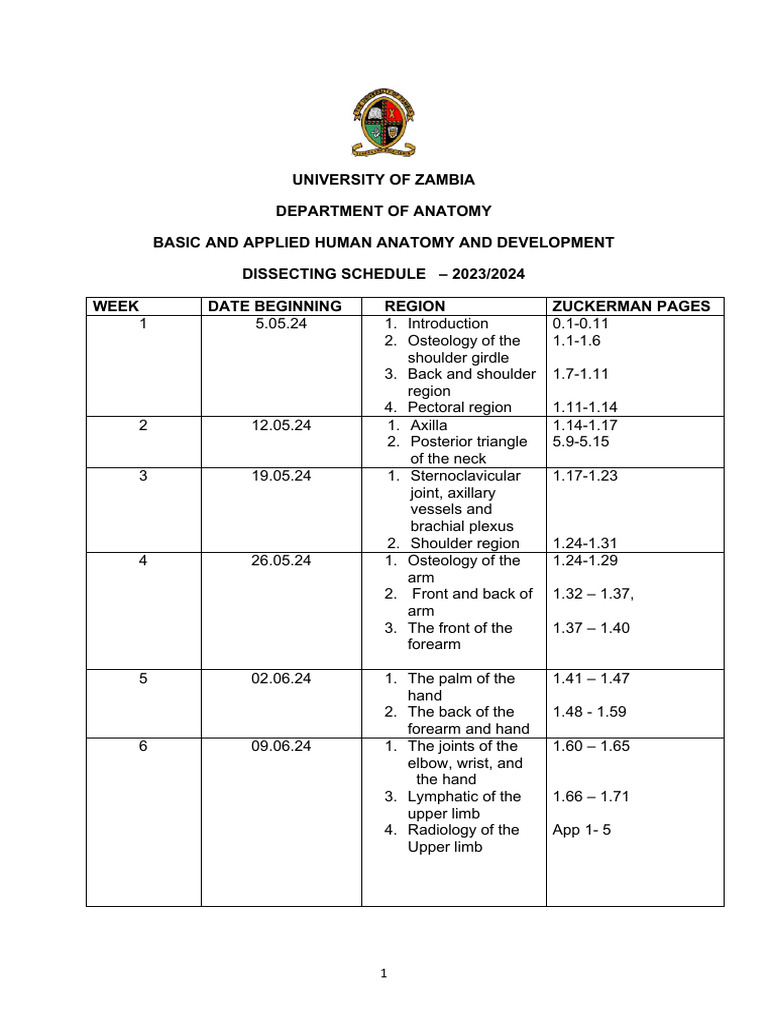2023-2024 Han 2220 Gross Anatomy Dissectiong Schedule | PDF