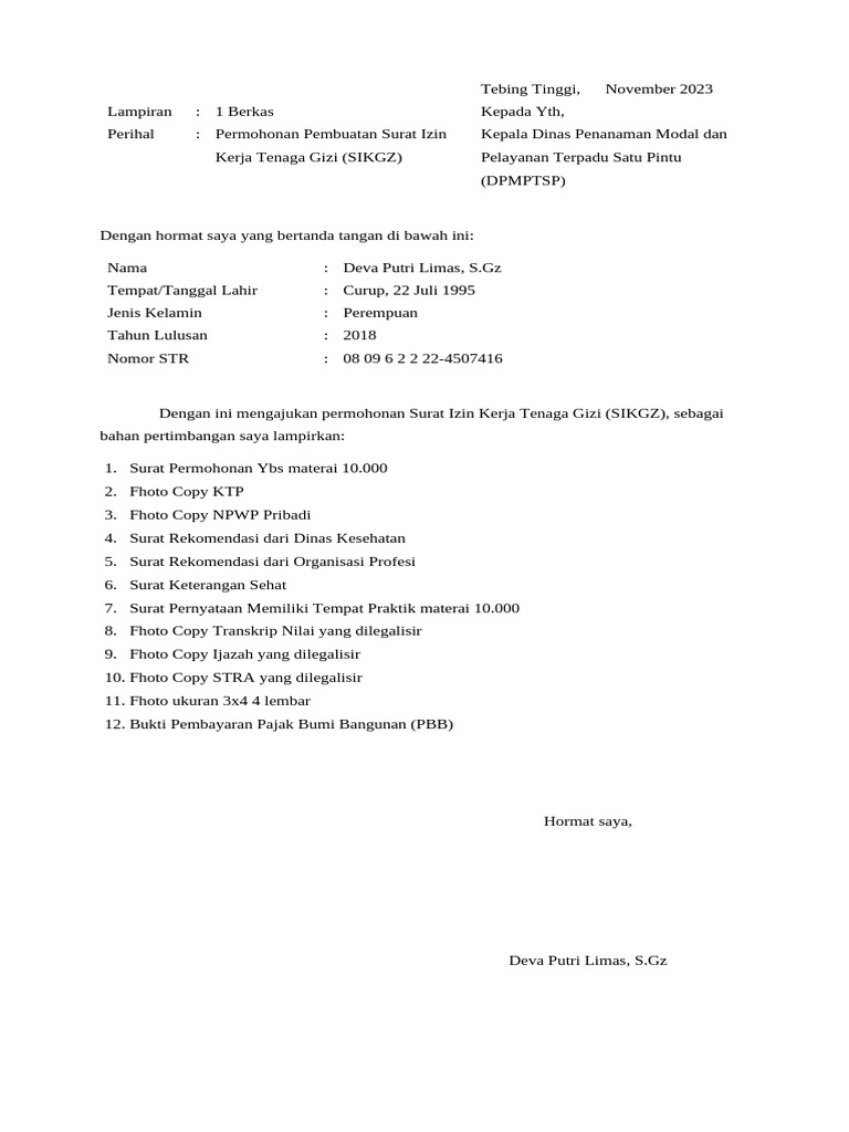 Surat Permohonan SIKGZ Deva | PDF