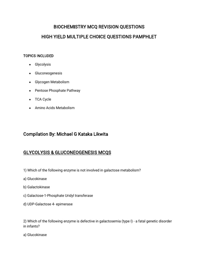 BIOCHEMISTRY MCQ REVISION QUESTIONS WITH ANSWERS PDF - Compiled by ...