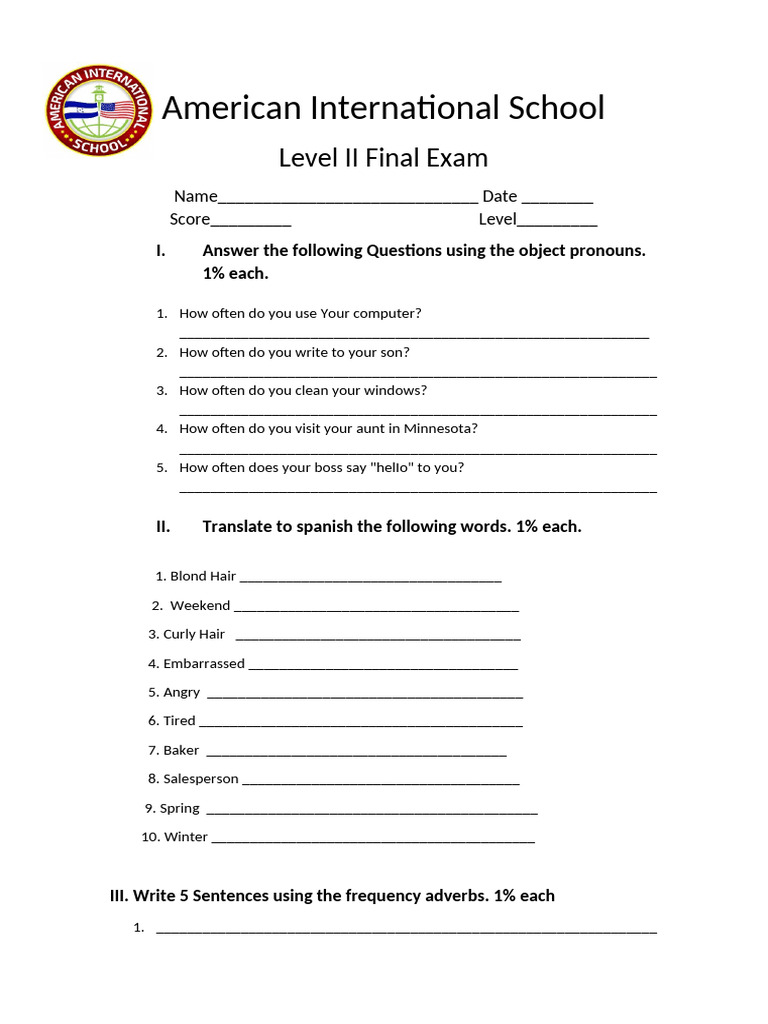 American International School Examen Final Level 2 | PDF