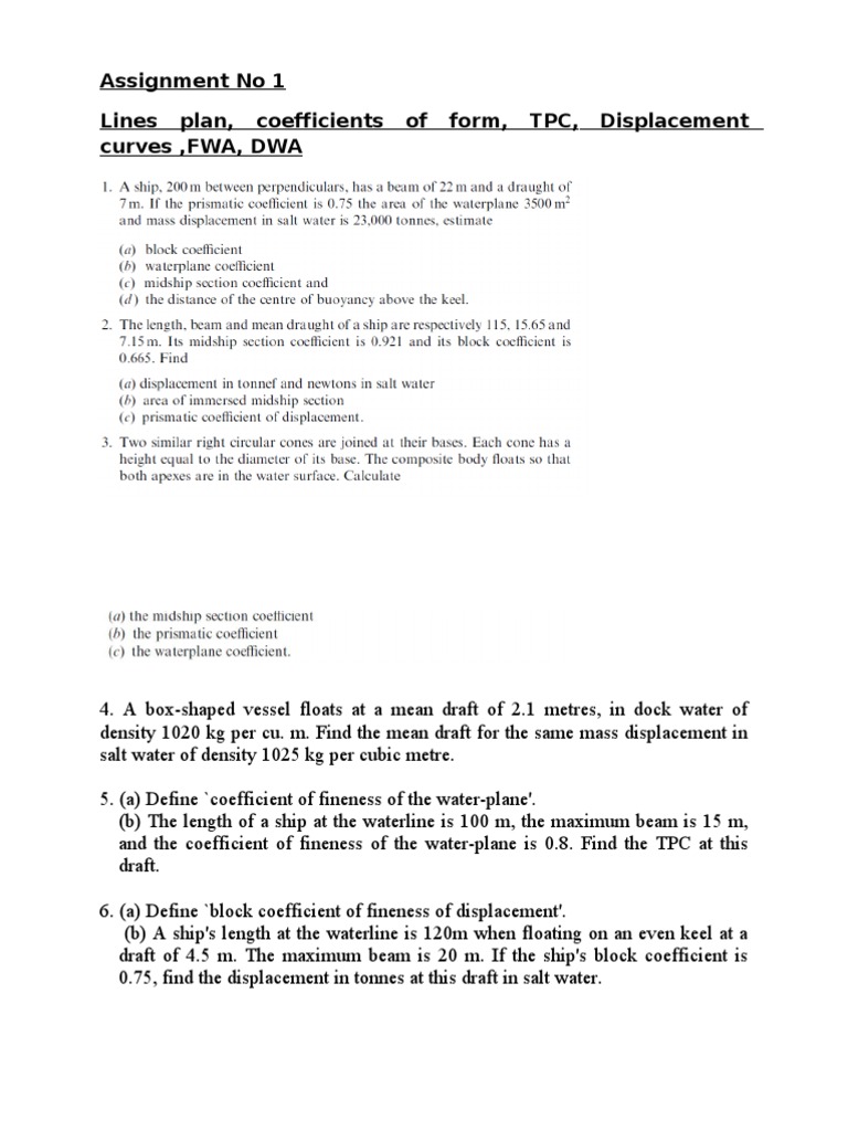 Assignment No 1 Lines Plan, Coefficients of Form, TPC, Displacement Curves, FWA, DWA | PDF ...