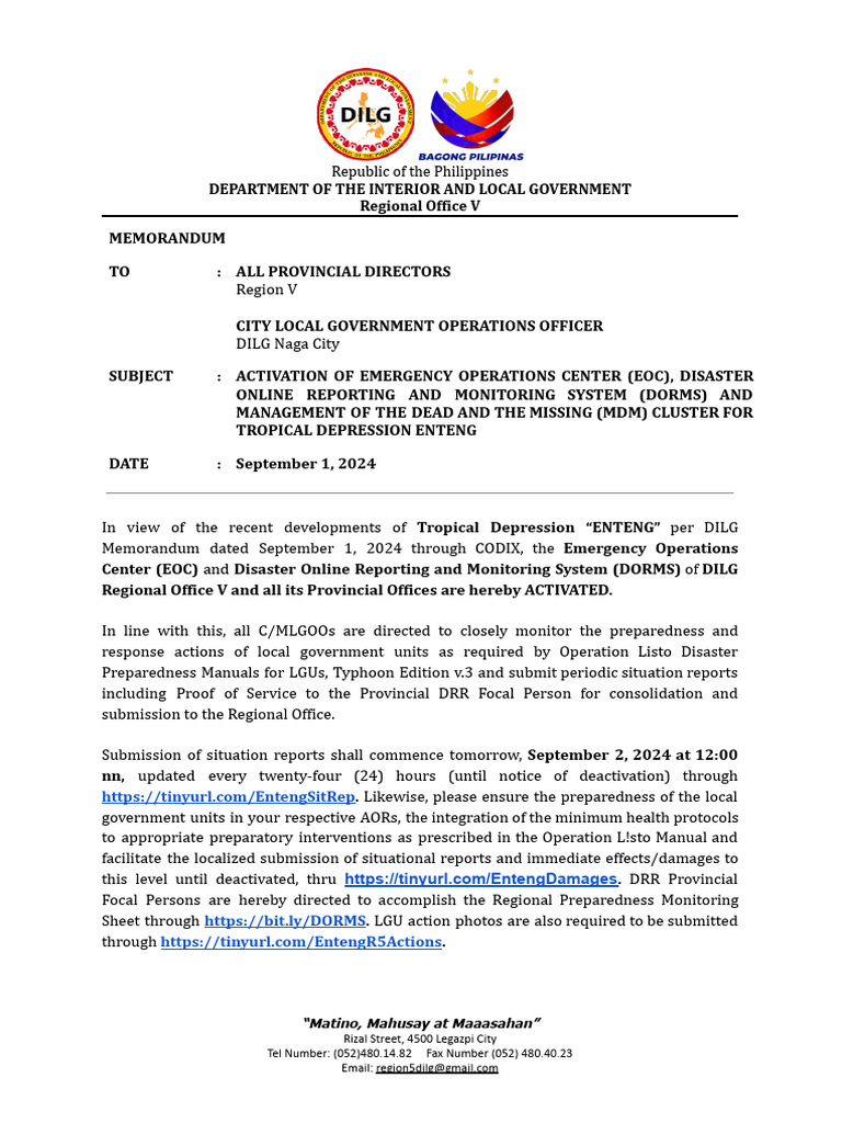 MEMORANDUM - EOC Enteng Activation Signed | PDF