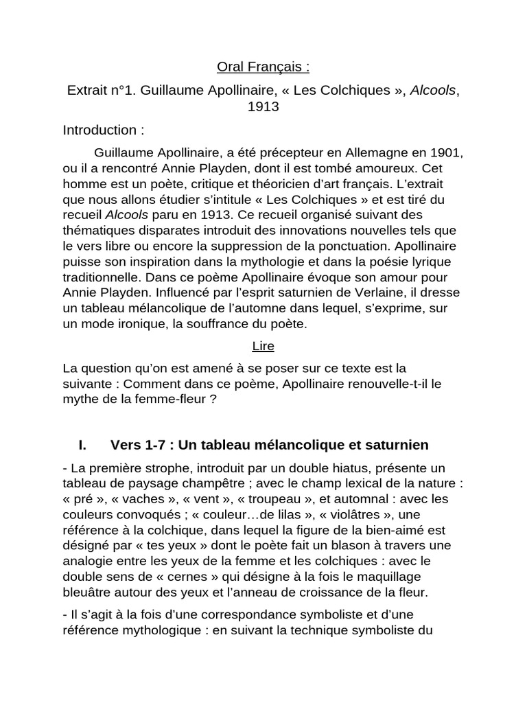 Extrait N°1. Guillaume Apollinaire, Les Colchiques, Alcools, 1913 | PDF