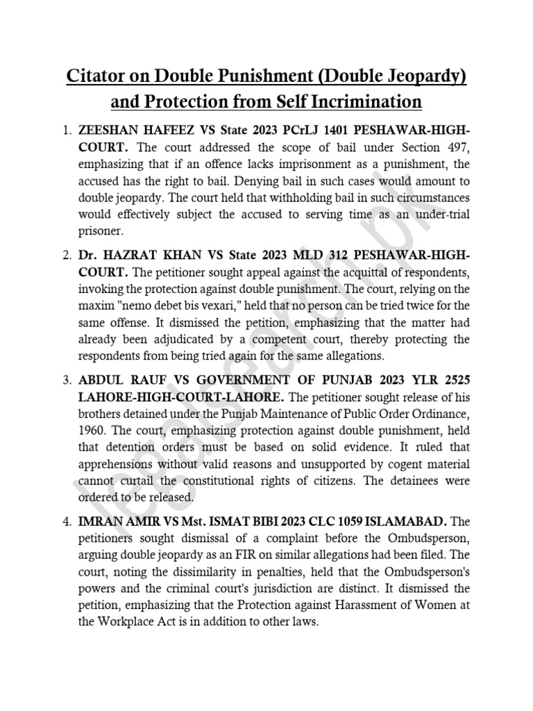 Citator On Double Punishment Double Jeopardy And Protection From Self