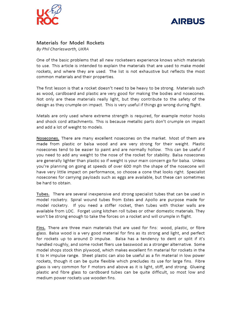 Materials for Model Rockets 2023 | PDF