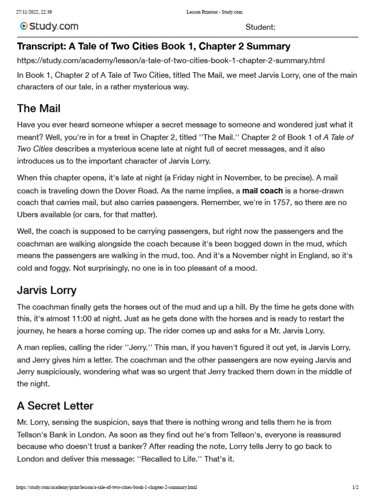 A Tale of Two Cities Book 1, Chapter 2 Summary | PDF