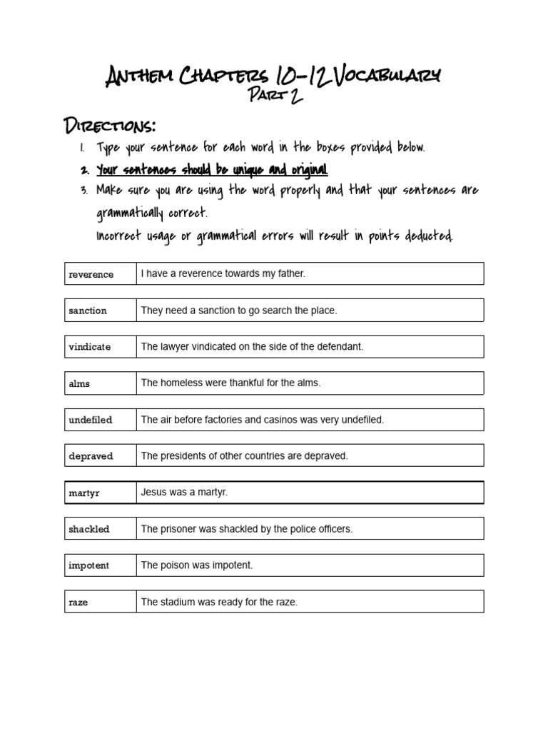 Anthem Chapters 10-12 Vocabulary Part 2 | PDF
