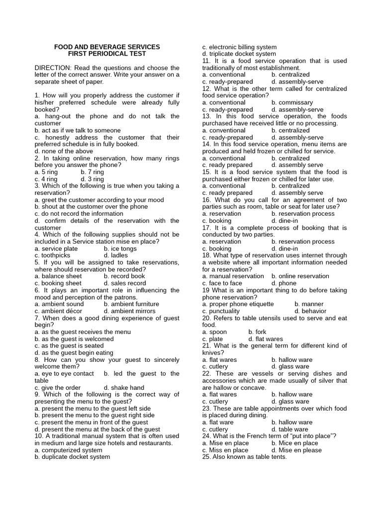 First Periodical Test in Food and Beverage Services | PDF