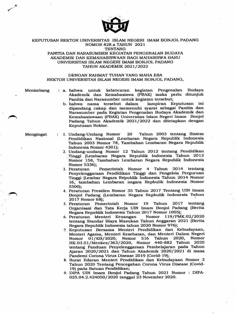 SK Panitia Dan Narasumber Pbak Uin Ib Padang Tahun 2021 | PDF