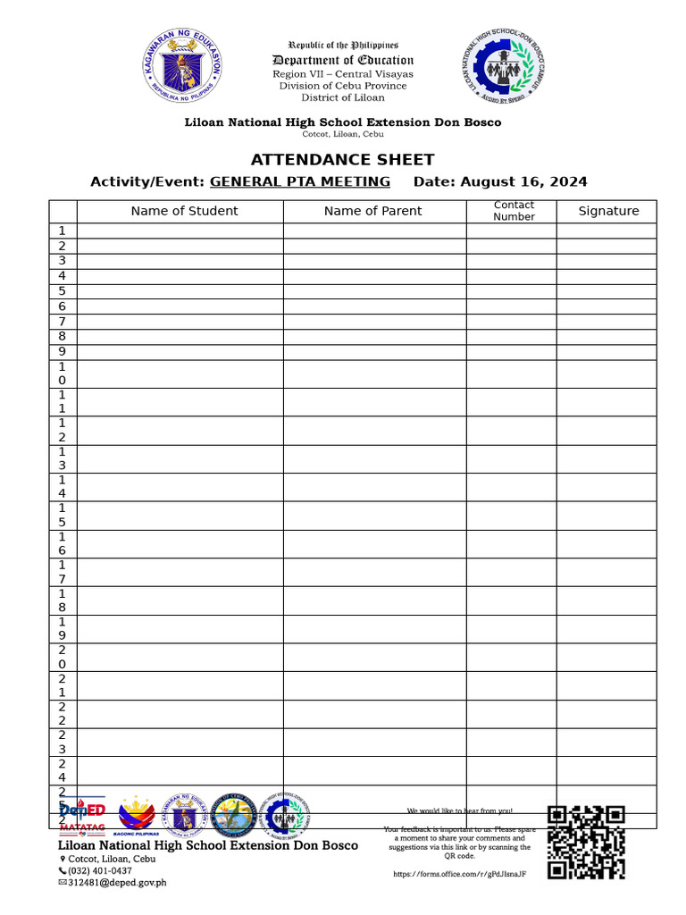 Attendance Sheet General PTA Format | PDF