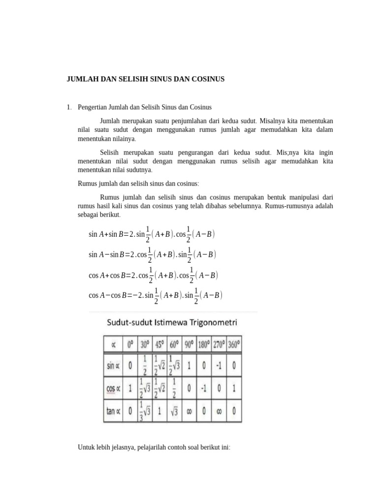 Materi Jumlah Dan Selisih Sinus, Cosinus | PDF