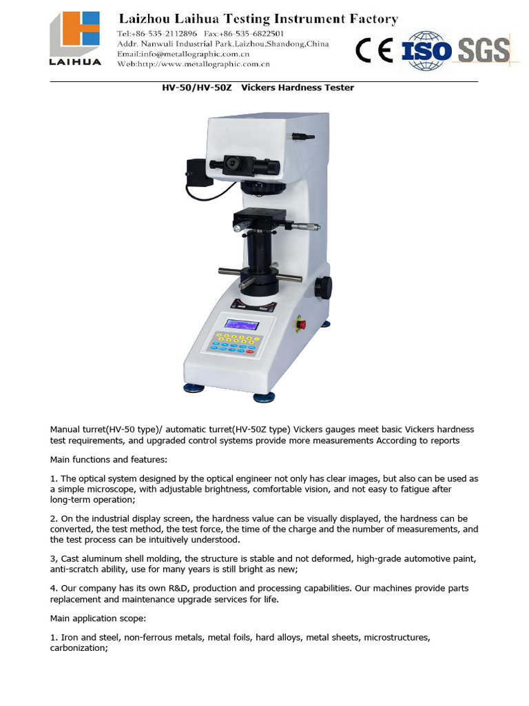 HV-50 HV-50z Weight Loading Control Vickers Hardness Tester | PDF ...