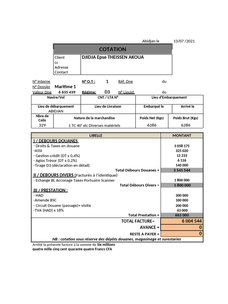 Cotation TC 40 de Matériels Usagés DJIDJA | PDF