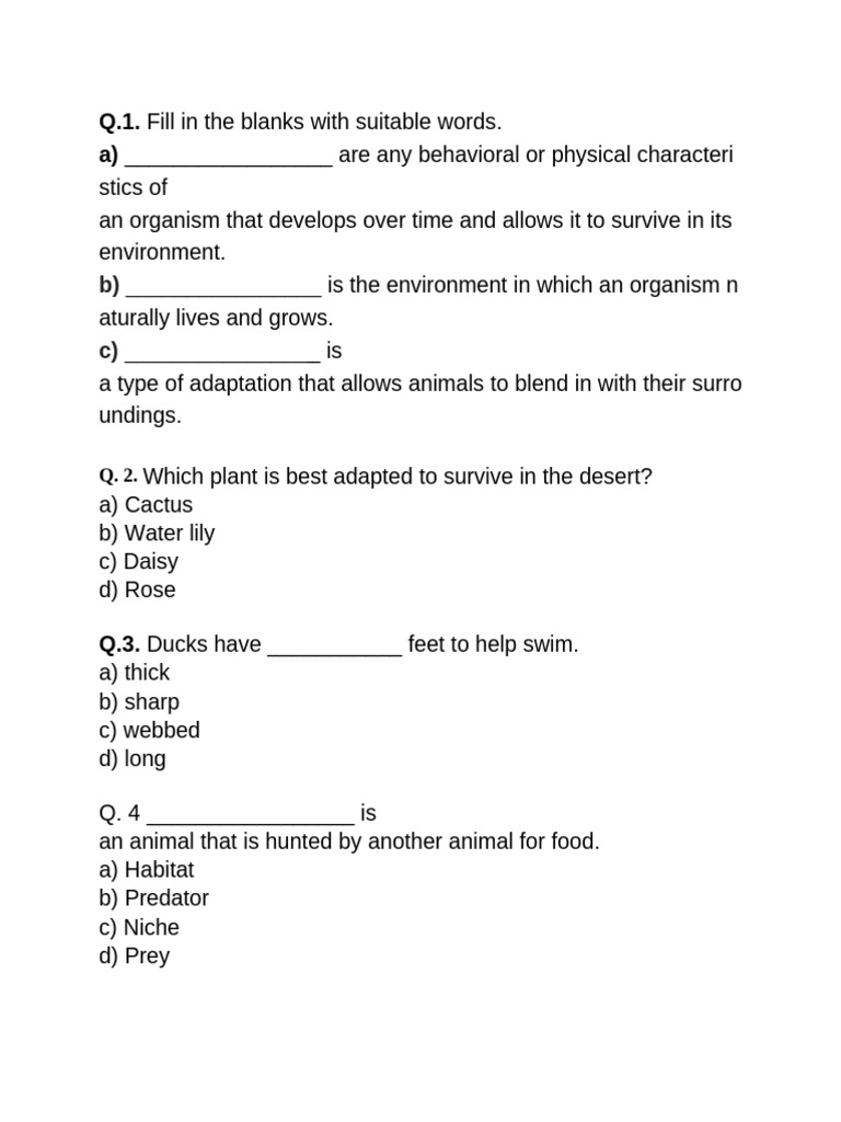 Animal Adaptation Quiz | PDF