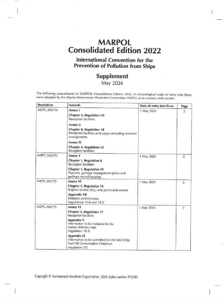 MARPOL Consolidated Edition 2022, Supplement May 2024 | PDF