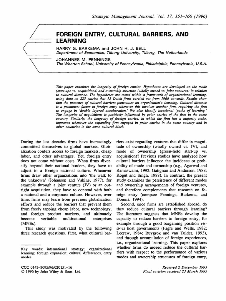 Foreign Entry, Cultural Barriers, and Learning | PDF