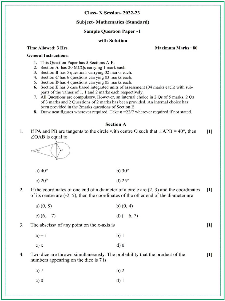 Maths STD Class X Sample Paper 01 | PDF