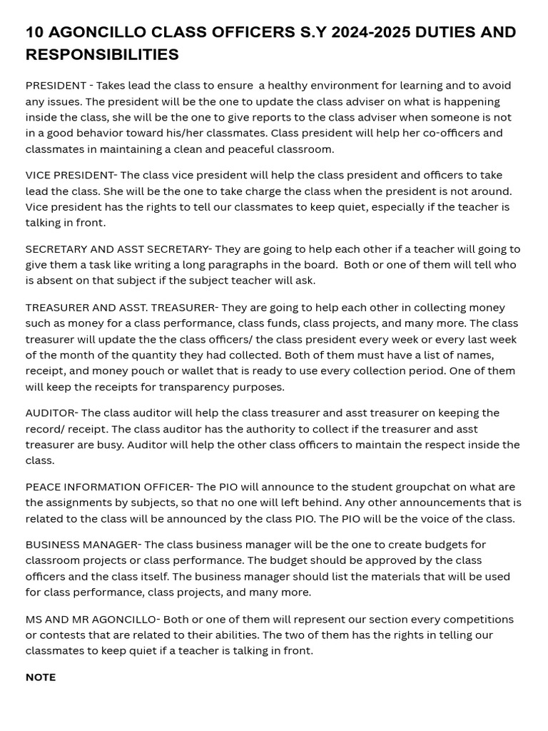 Class Officers Duties and Responsibilities 1 | PDF