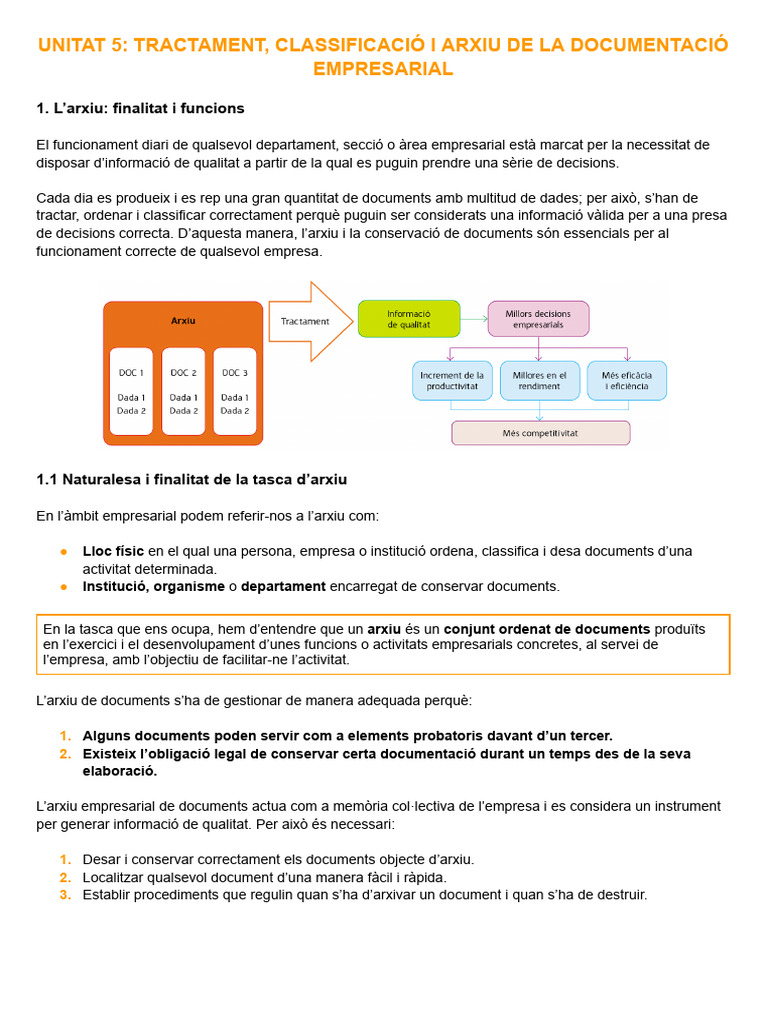 Resum Unitat 5 - Tractament, Classificació I Arxiu de La Documentació Empresarial | PDF