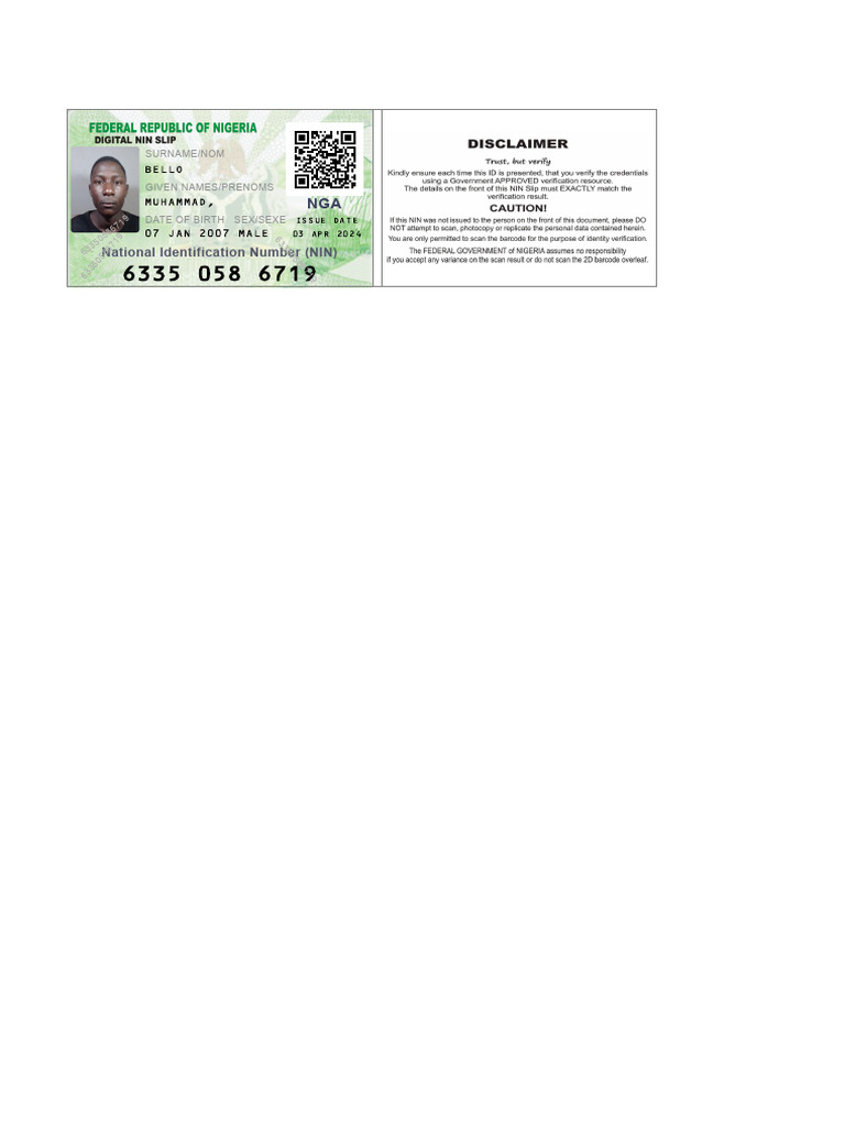 National Identification Number (NIN) : Bello Muhammad, 07 JAN 2007 MALE ...