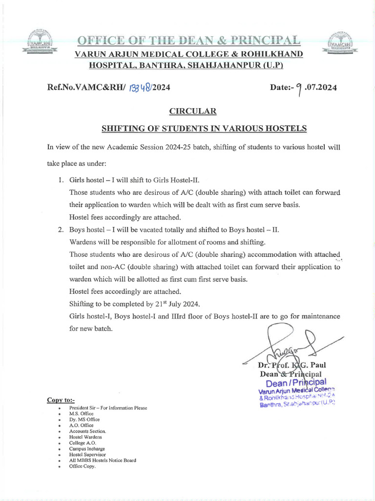 Hostel Shifting Circular | PDF
