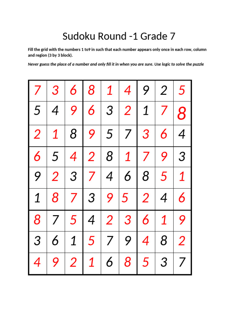 Sudoku Selection Grade 7 | PDF