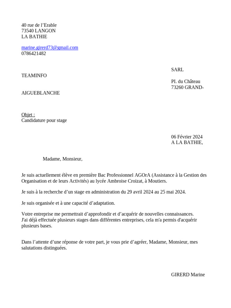 Lettre Demande de Stage | PDF