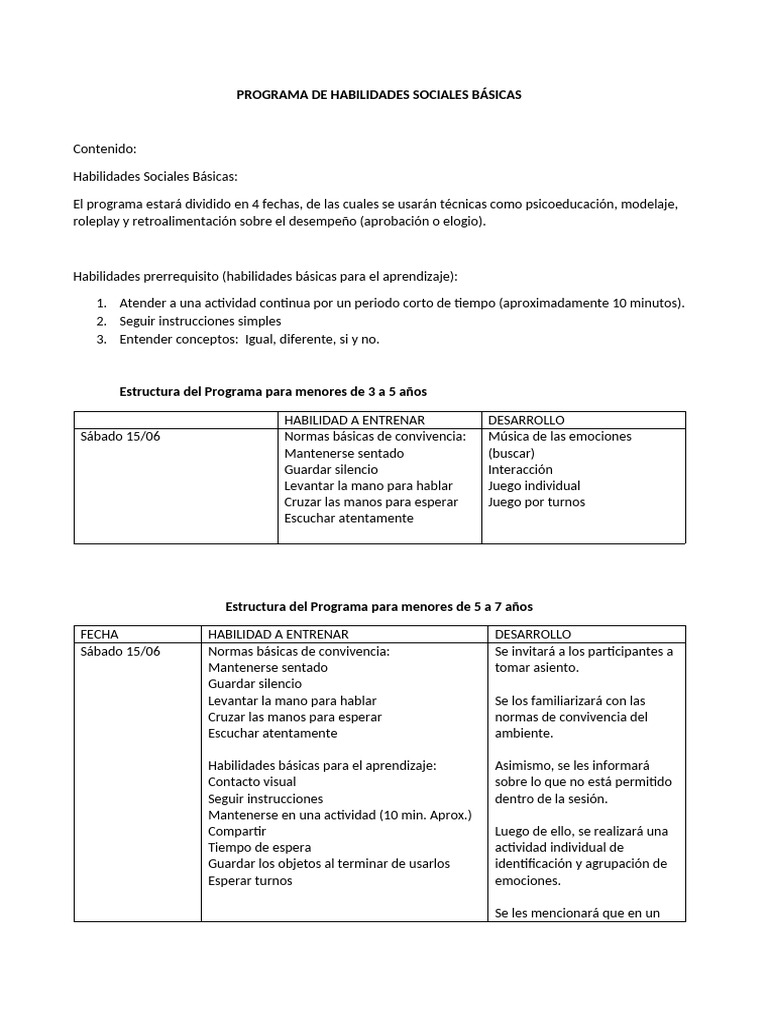 PROGRAMA de Habilidades Sociales Básicas | PDF