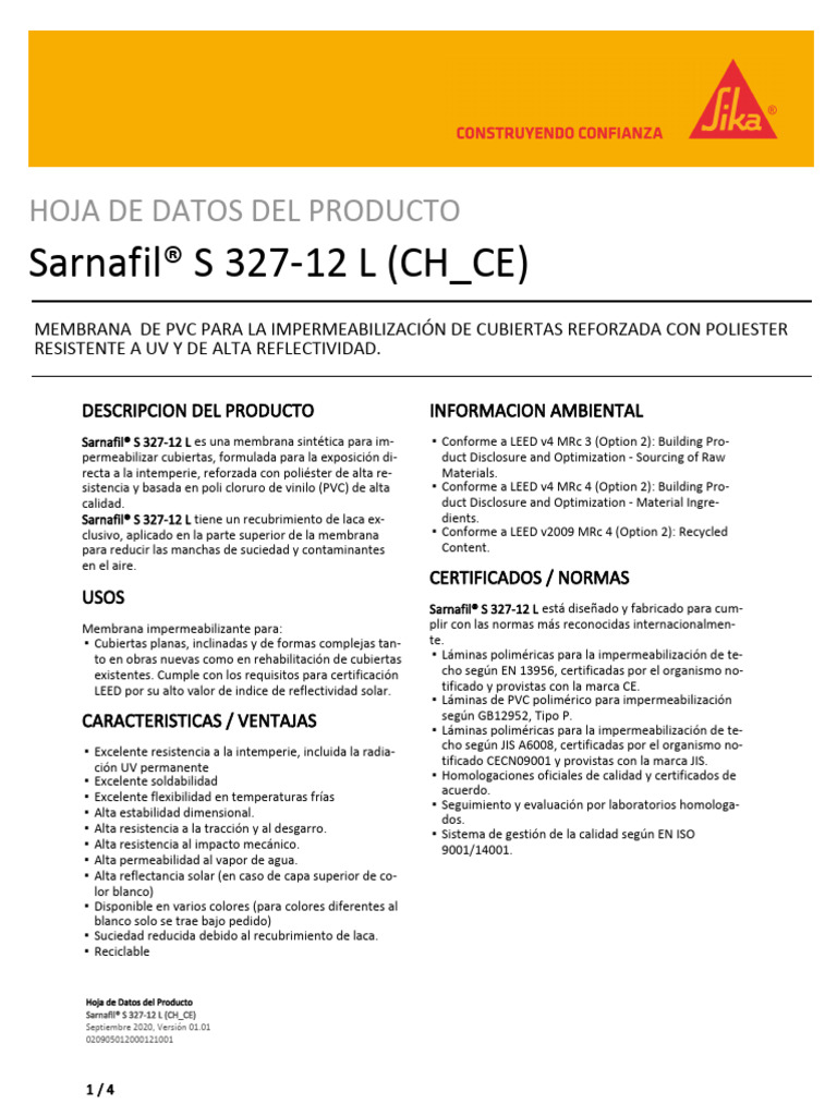 Sarnafil S 327 12lchce | PDF | Cloruro de polivinilo | Tecnología