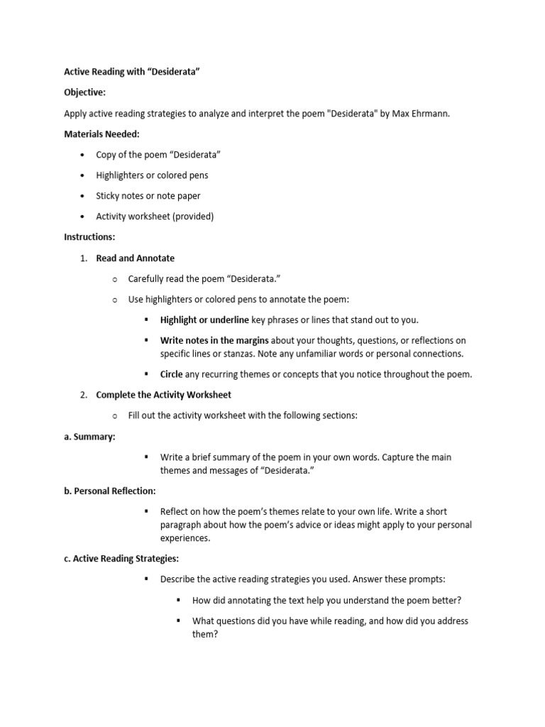 Active Reading With Desiderata - General Instructions | PDF
