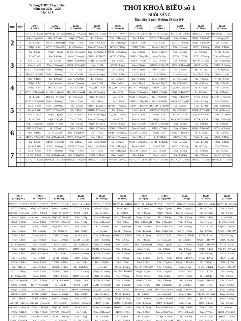 TKB SO 1 - Ky 1 Nam 2024 - 2025 - Thuc Hien Tu 06 - 9 - 2024 - HOC SINH | PDF