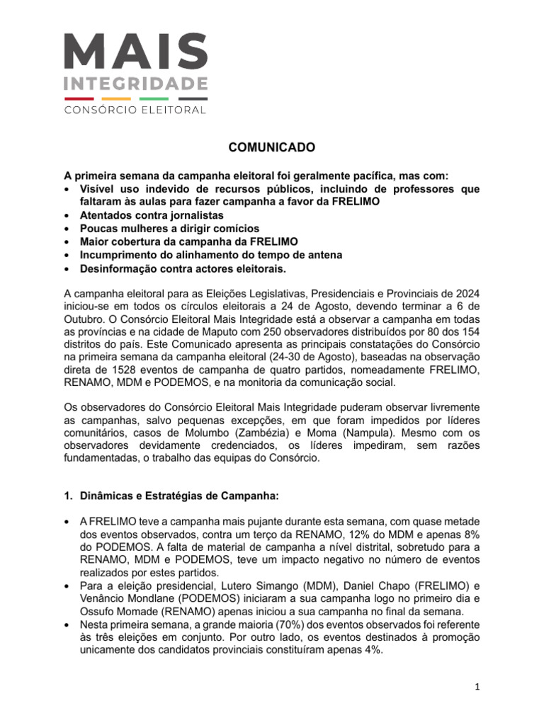 Comunicado Mais Integridade Primeira Semana Da Campanha | PDF