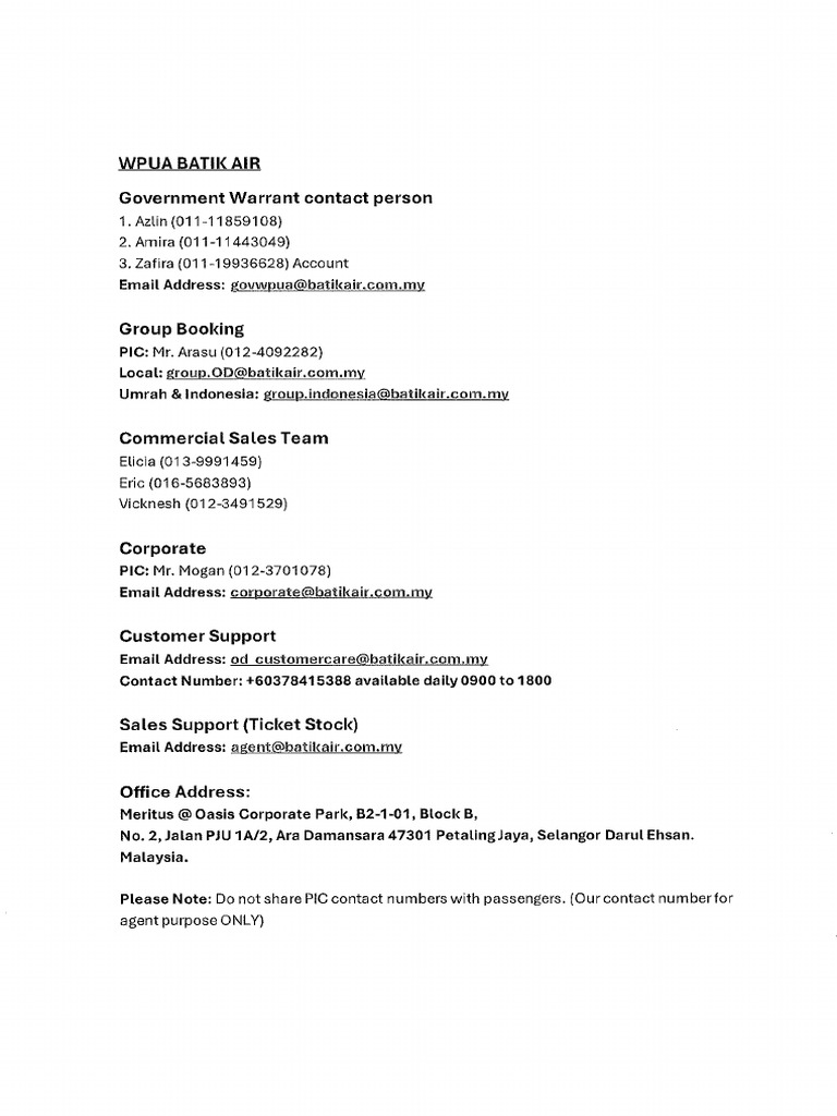 03-2024 (II) Latest Batik Air Contact List | PDF