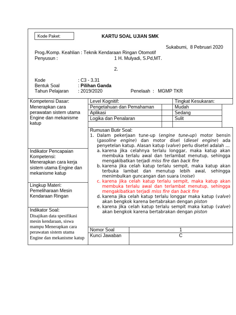 Kartu Soal Tkro Type A | PDF