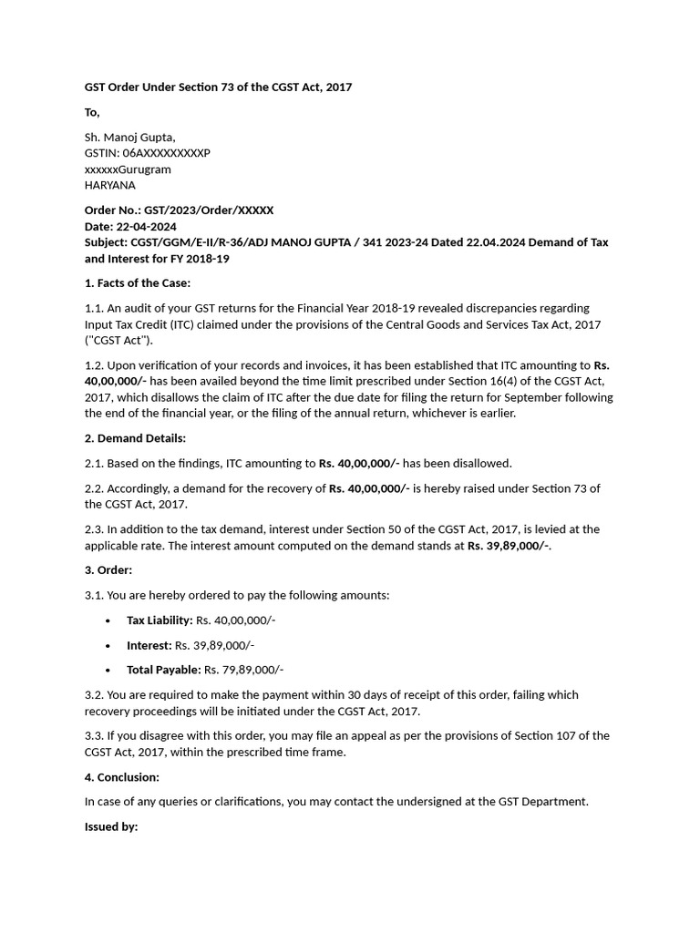 GST Order Under Section 73 of The CGST Act | PDF