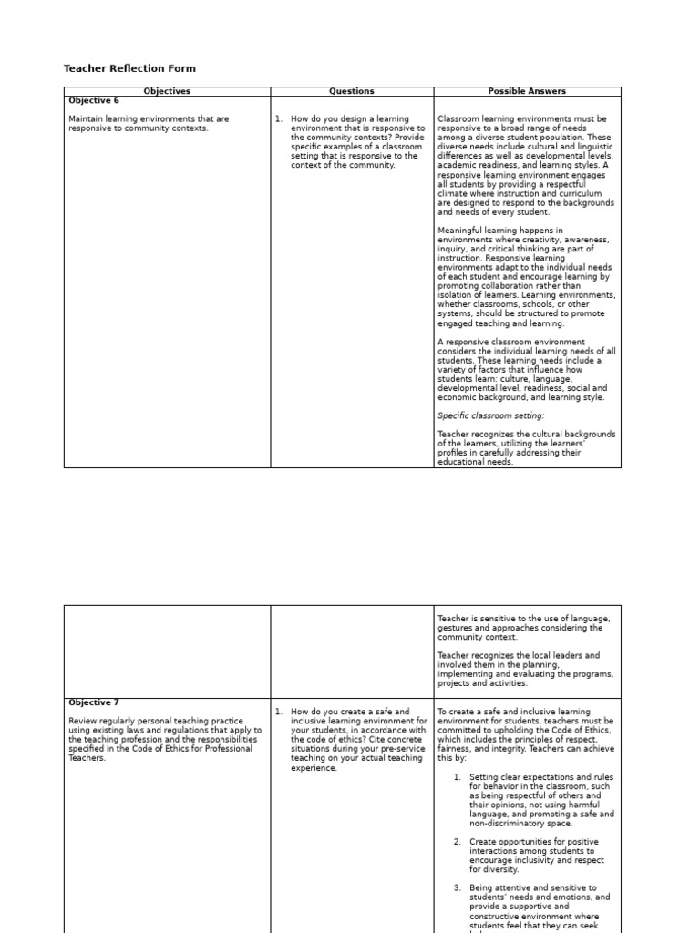 Teacher-Reflection-Form-UPDATED-Possible-Answers-1 | PDF