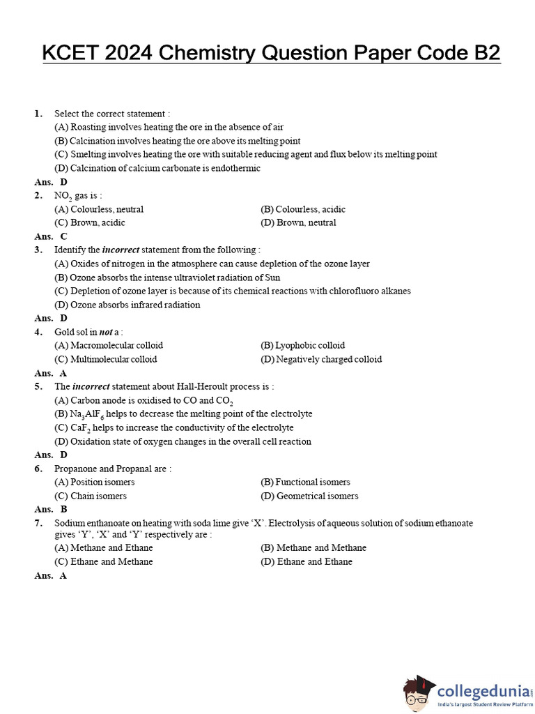 KCET 2024 Chemistry Question Paper Code B2 | PDF