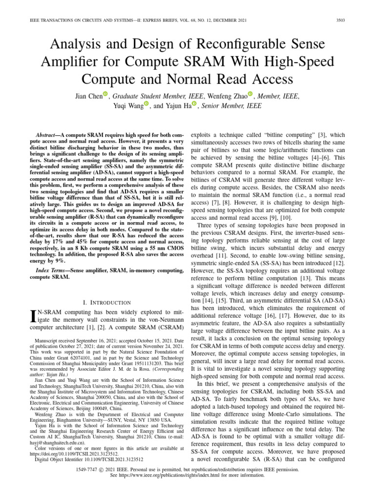 Analysis and Design of Reconfigurable Sense Amplifier For Compute SRAM ... Analysis and Design of Reconfigurable Sense Amplifier For Compute SRAM ...