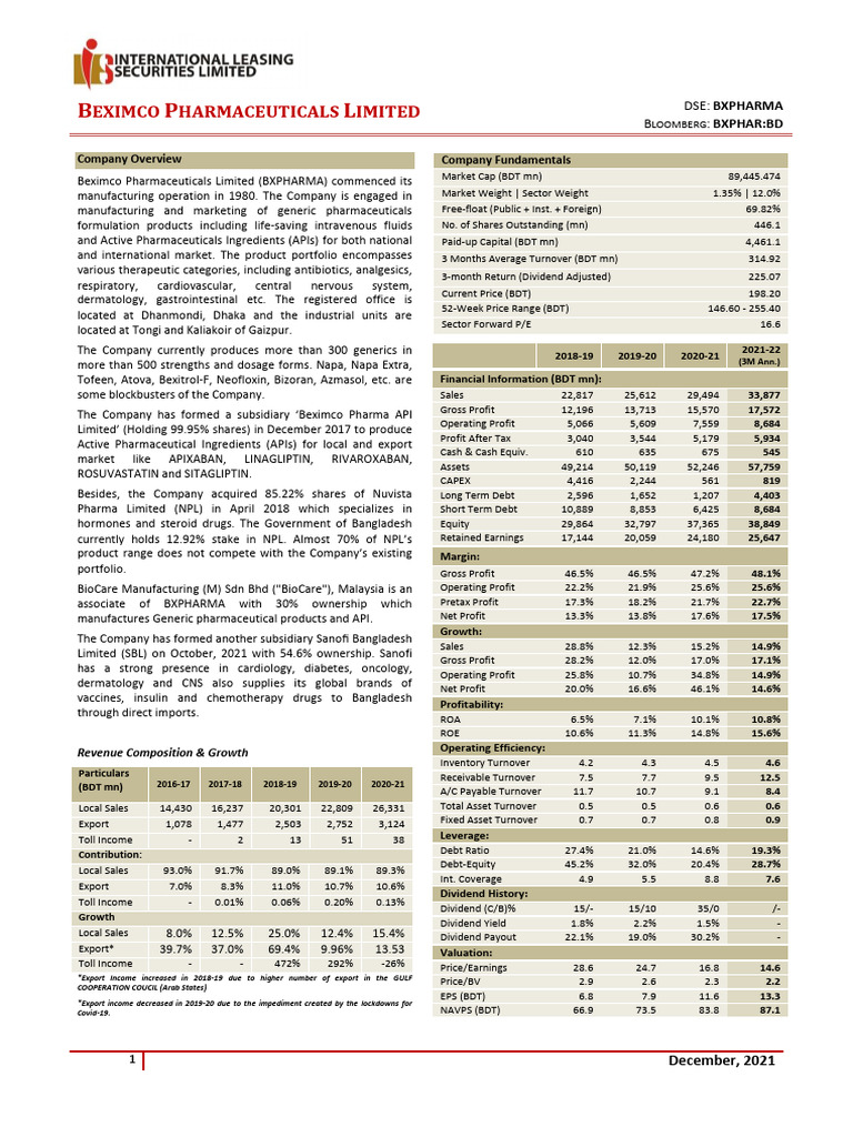 Equity Note - Beximco Pharmaceuticals Limited - December 2021 | PDF ...